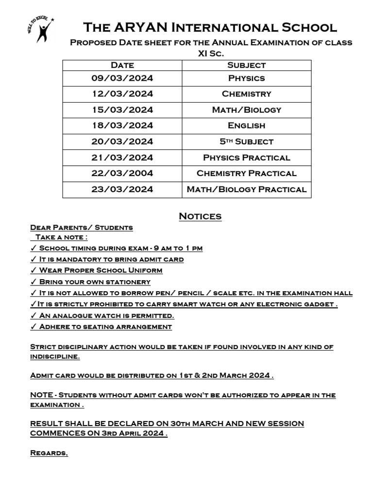 Annual Exam Schedule Pdf