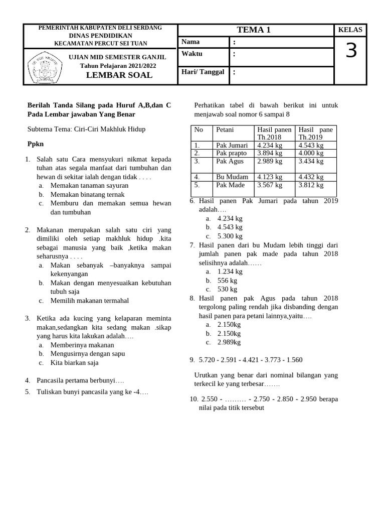 Contoh Soal Mid Kls 3 | PDF