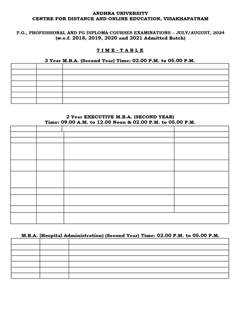 PG Time Table - (July Aug-2024) | PDF