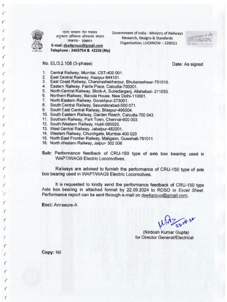 Letter To ZRs For Performance Feedback of CRU-150 Type Axle Box Bearing ...