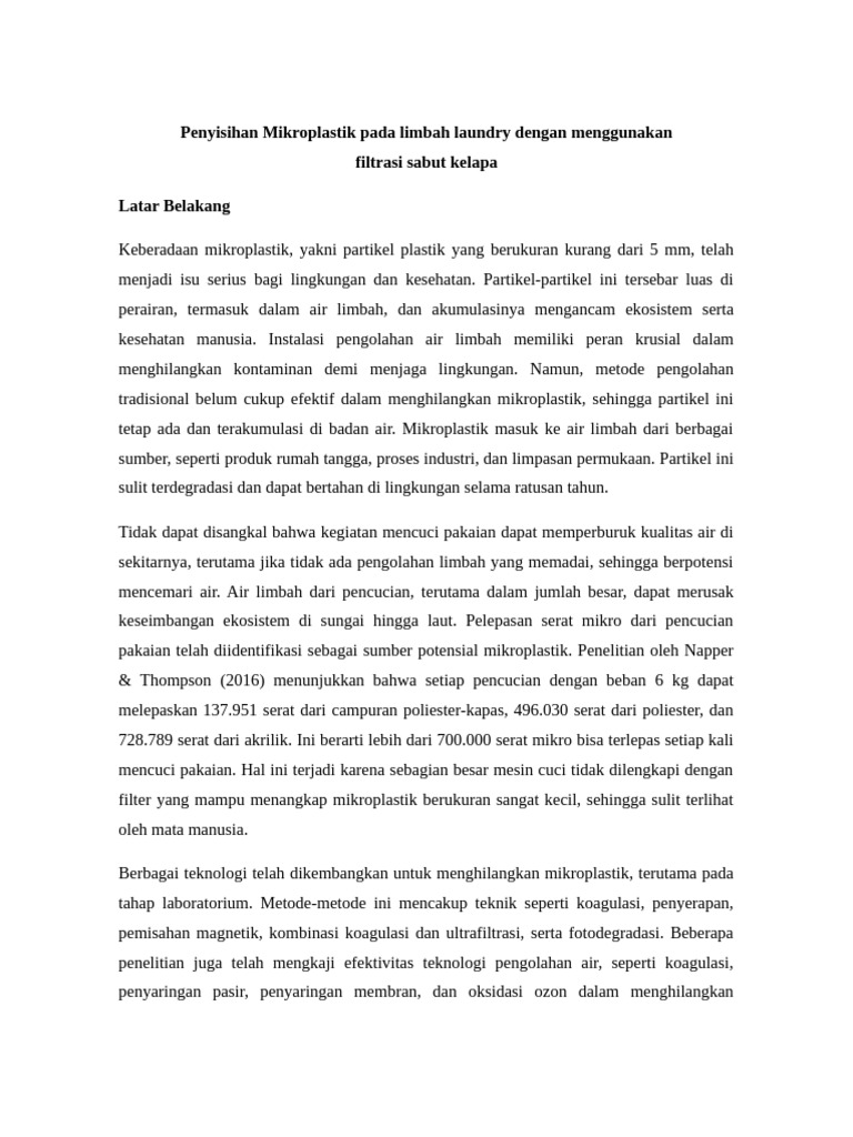 Penyisihan Mikroplastik Pada Limbah Laundry Dengan Menggunakan Filtrasi | PDF