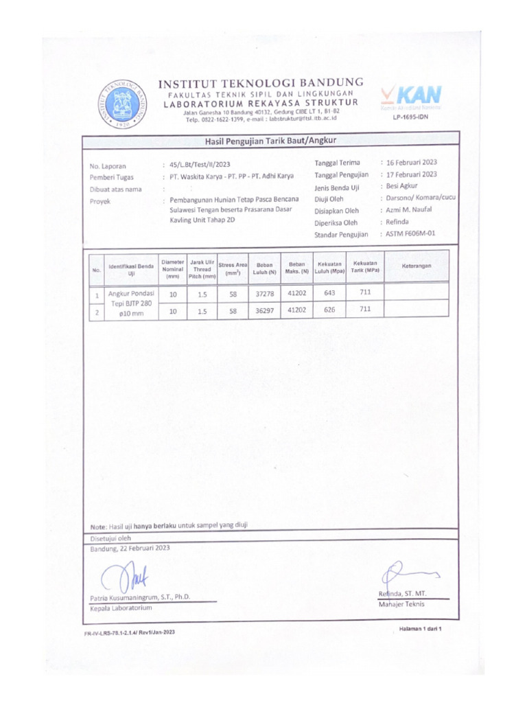 HASIL PENGUJIAN TARIK BAUT ATAU ANGKUR PONDASI TEPI BJTP 280 10mm | PDF