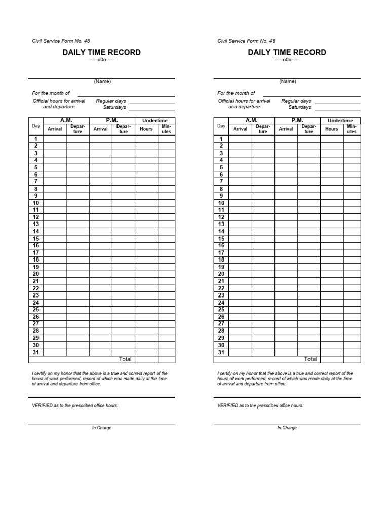 Daily Time Record Template for Civil Service | PDF