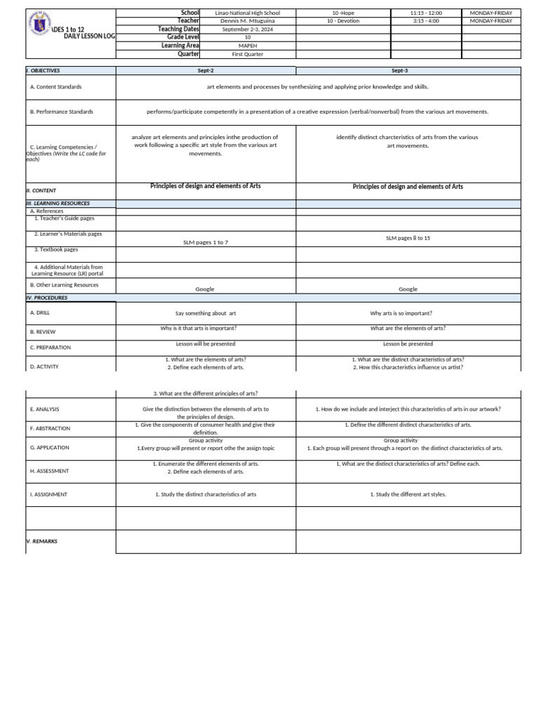 Music Arts Physical Education and Health Lesson Plan | PDF | Lesson ...