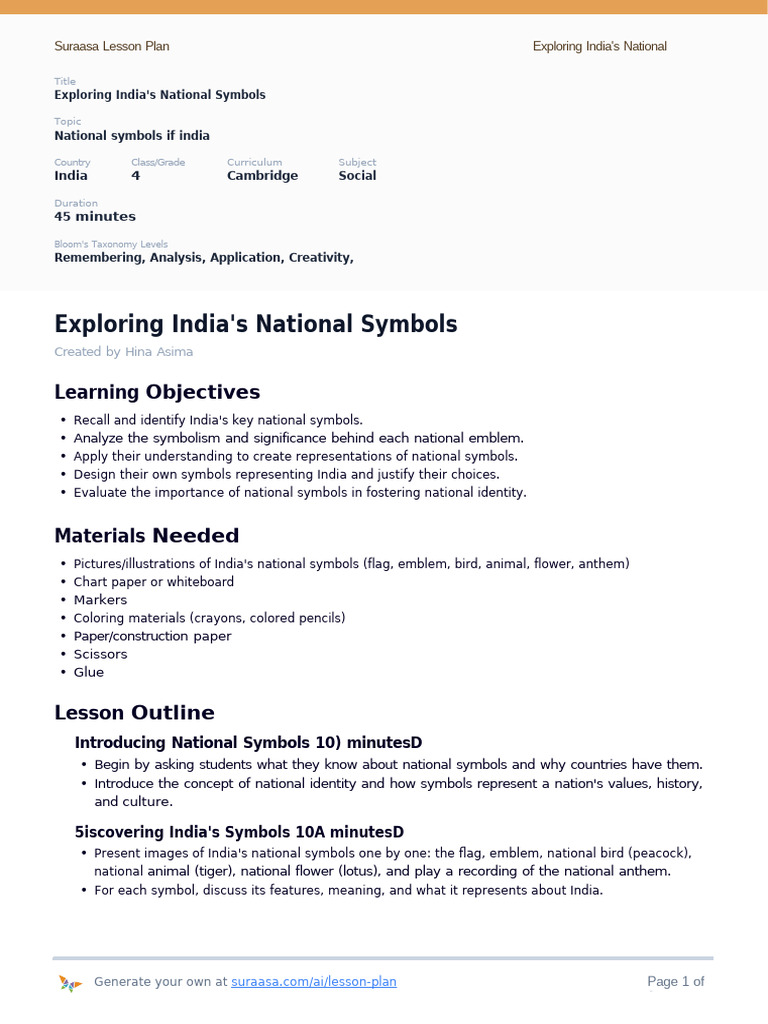 Lesson Plan - Exploring india's national symbols | PDF