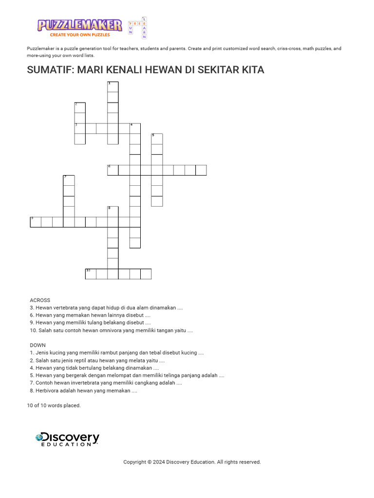 Criss Cross Puzzle - Discovery Education Puzzlemaker | PDF