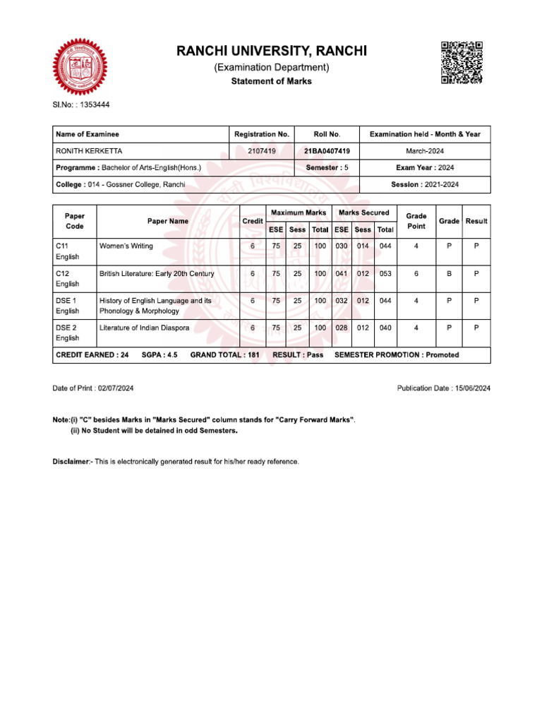 Sem 5 Ru - Result | PDF