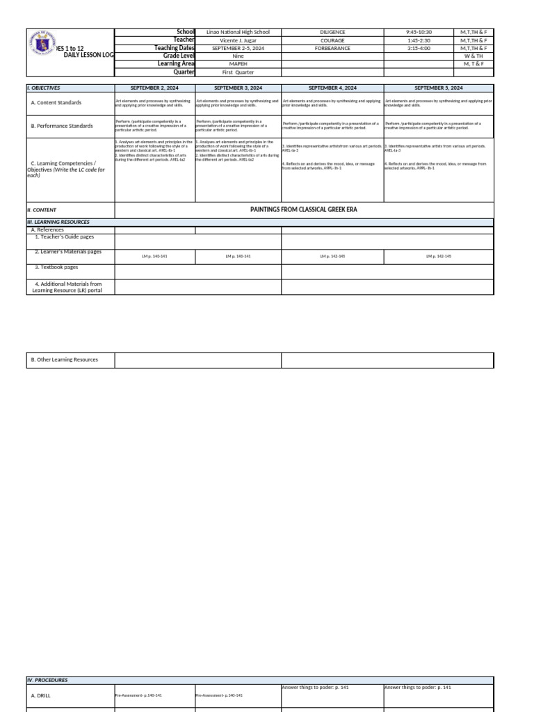 Arts Lesson Plan For Grade 9 | PDF | Learning | Teachers