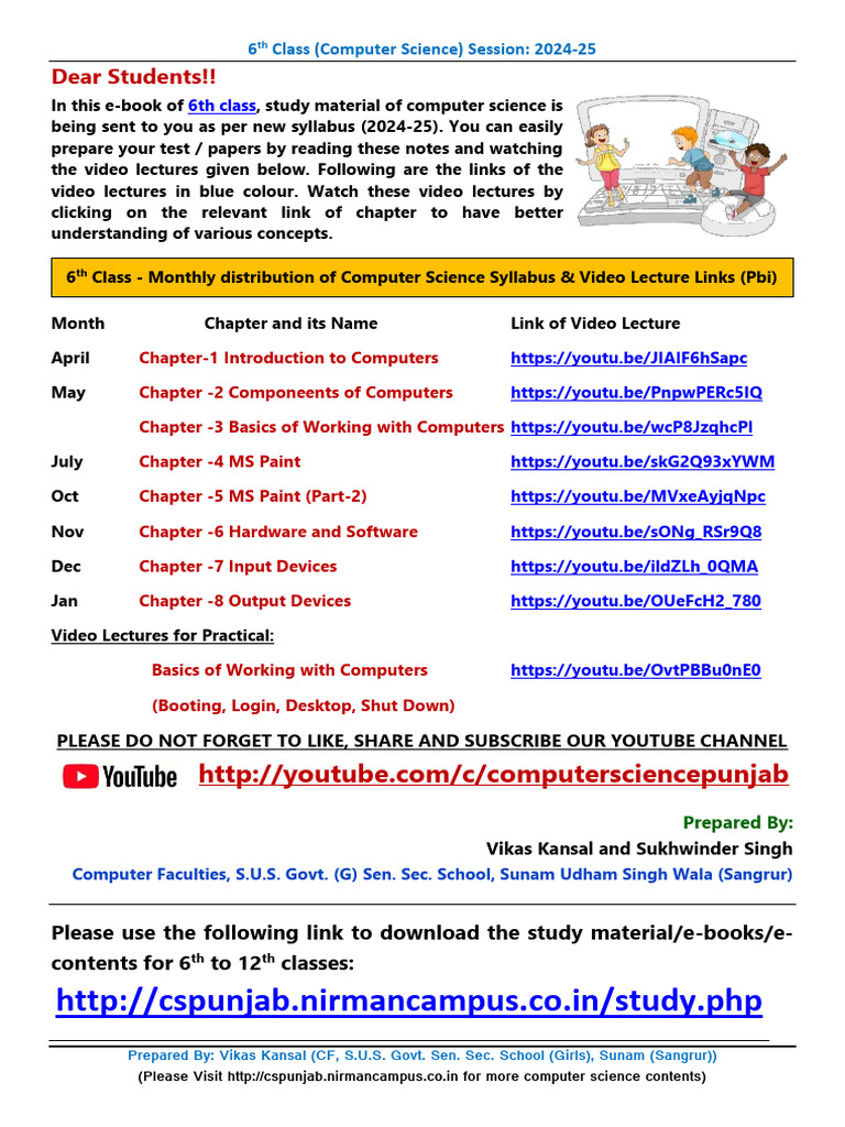 6th Class Computer Science Guide 2024-25 | PDF | Computer Data Storage | Computer Hardware