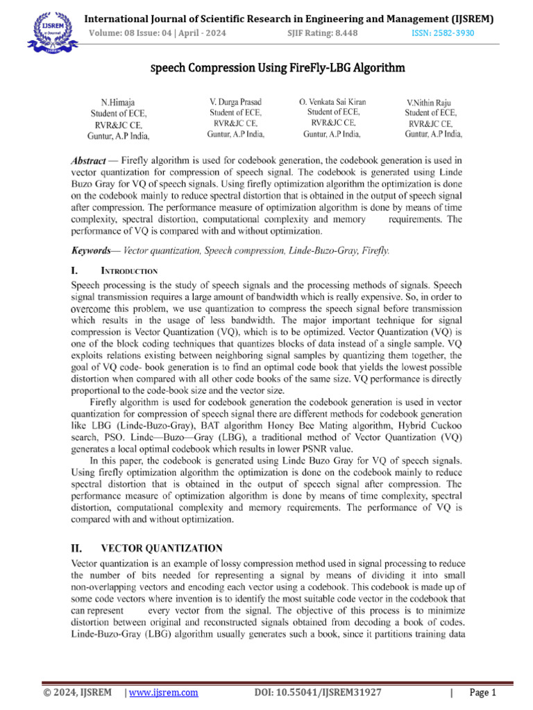 Speech Compression Using Firefly Lbg Algorithm 1 5 Pdf