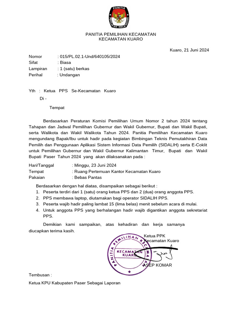 015 - PL.02.1-Und - 640105 - 2024 - Undangan Bimtek PPS. SIDALIH Dan E-COKLIT Fix | PDF