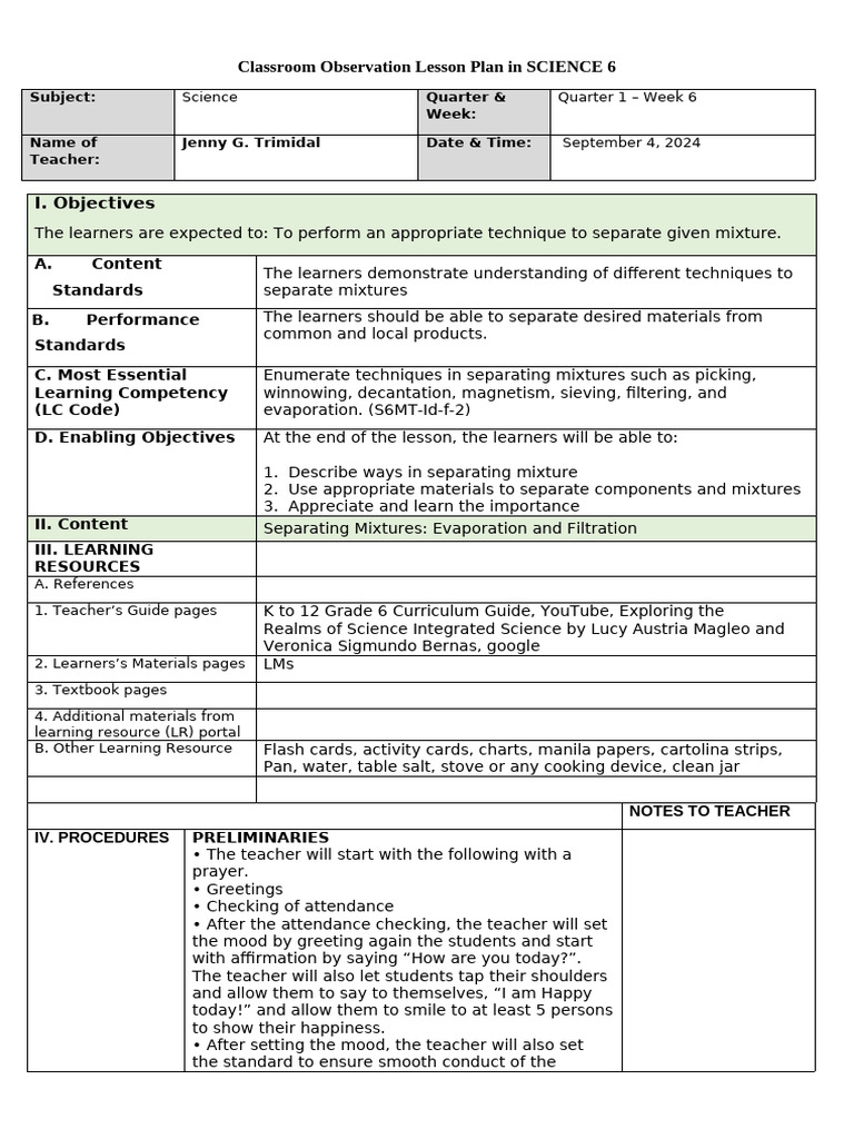 Final Classroom Observation Lesson Plan in SCIENCE 6 | PDF