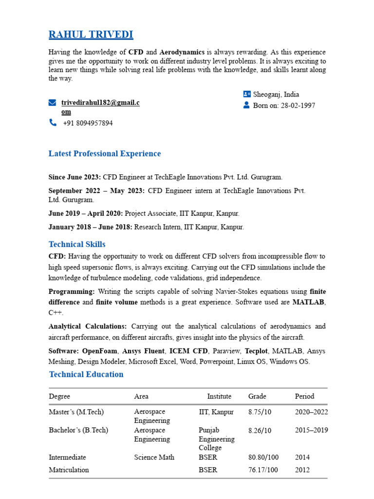 Rahul Trivedi Resume New Up | PDF | Computational Fluid Dynamics | Liquids