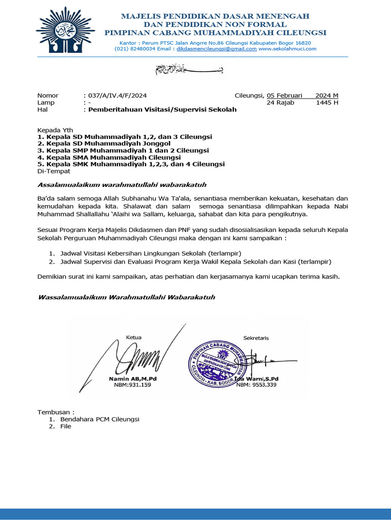 Surat Pemberitahuan Visitasi Kebersihan Lingkungan Sekolah Dan Supervisi Program Kerja Wakil ...