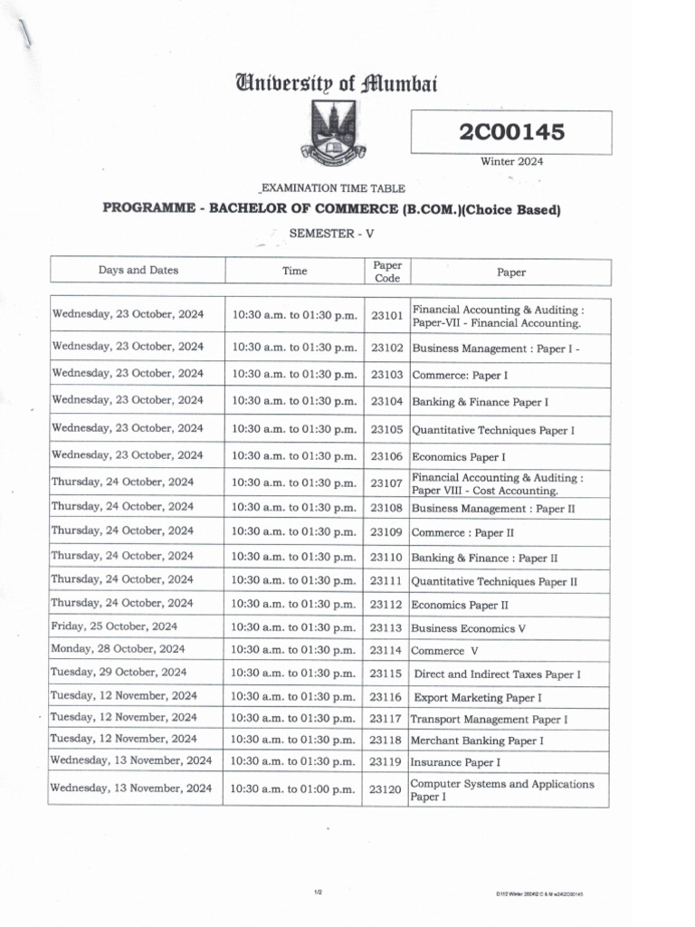 Tybcom Sem v Time-table Oct 2024 | PDF