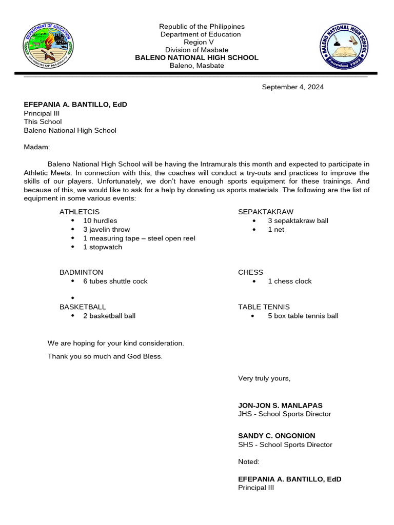Request Letter For Sports Equipment | PDF | Sports | Athletic Sports