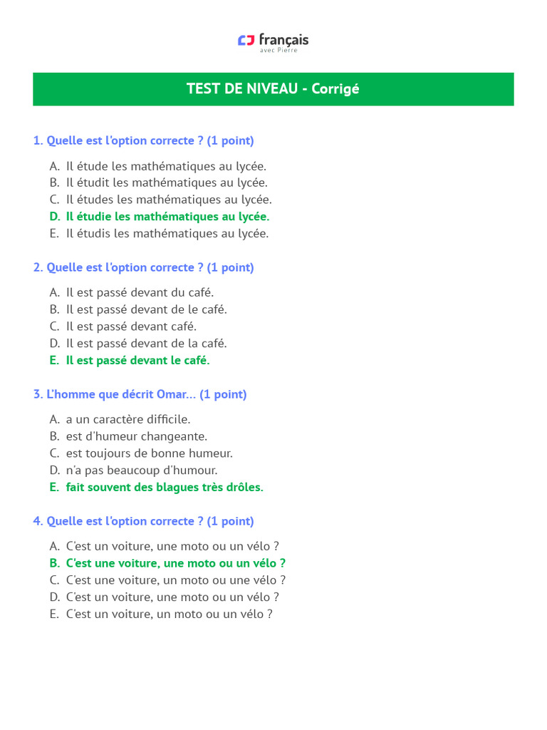 Test de Niveau Corrige | PDF Test de Niveau Corrige | PDF