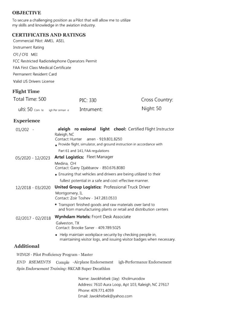 Sample Resume For Pilots | PDF | Flight Instructor | Business