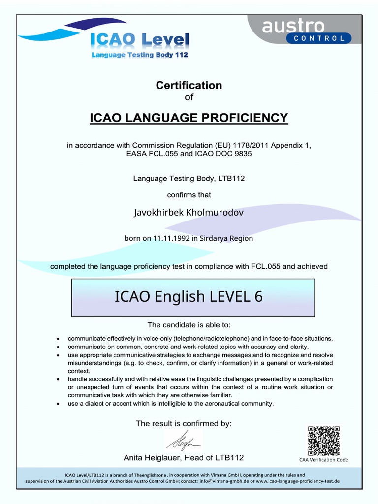 Sample ICAO certification | PDF