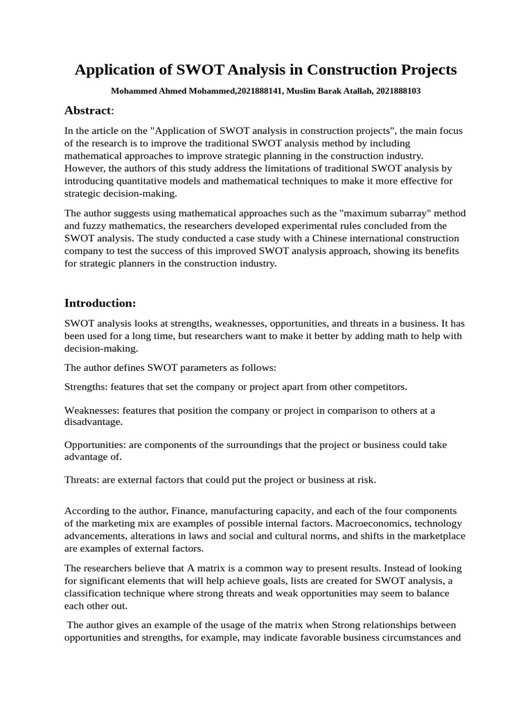 Application of SWOT Analysis in Construction Projects | PDF