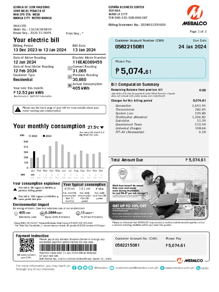 Meralco-Receipt 341750730104 01132024 | PDF