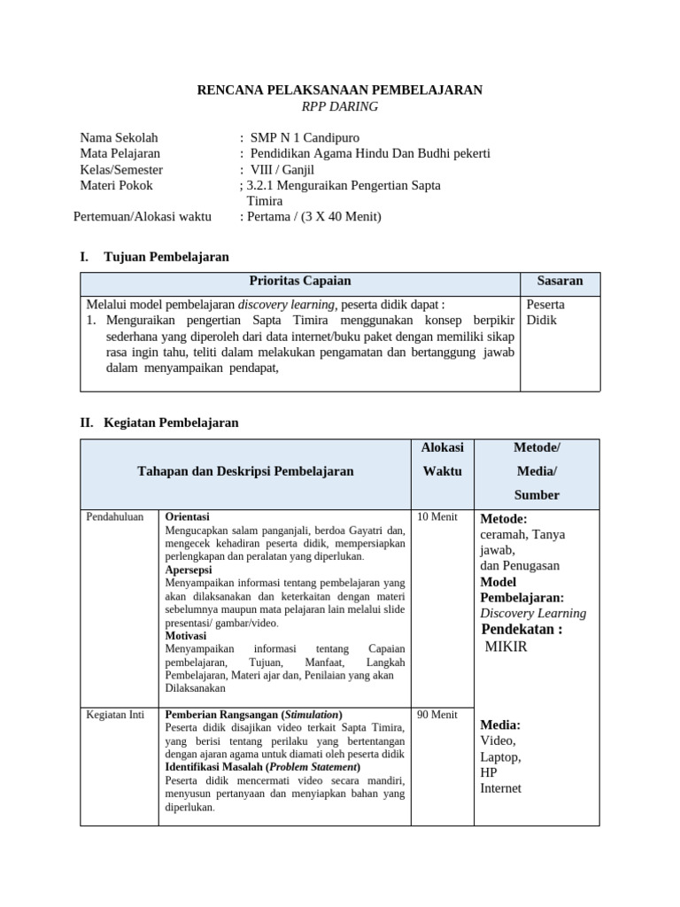 RPP 1 KLS 8 Sapta Timira | PDF
