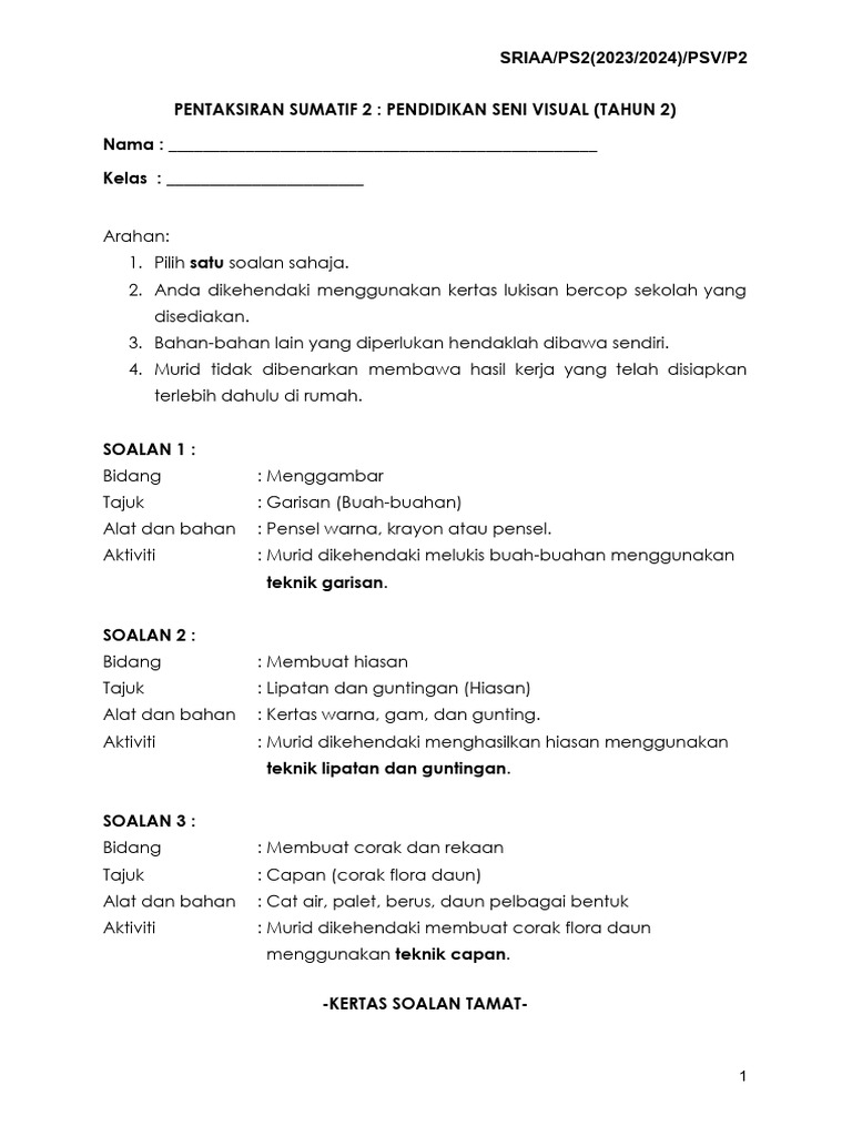 Pentaksiran Sumatif 2 - Pendidikan Seni Visual (Tahun 2) | PDF