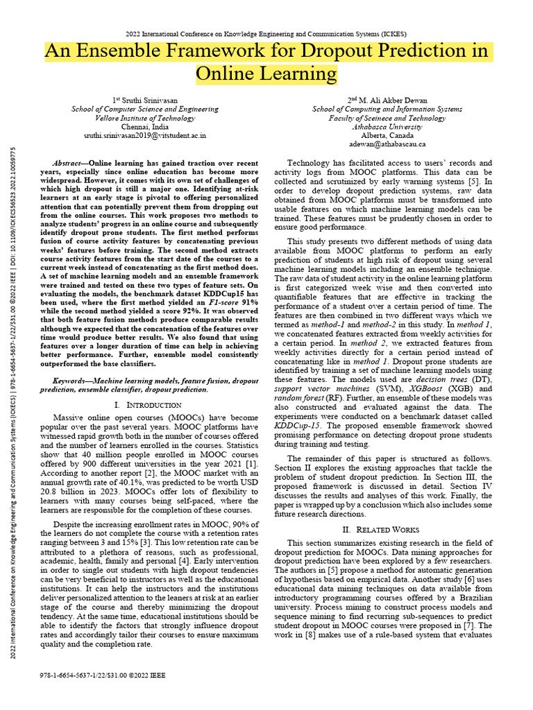 An Ensemble Framework For Dropout Prediction in Online Learning | PDF