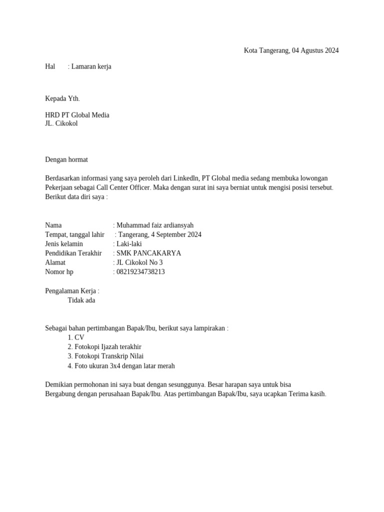 Surat Lamaran Kerja M. Faiz Ardiansyah | PDF | Karier & Perkembangan