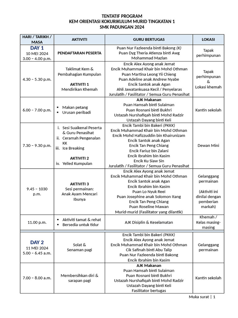 Tentatif Program Kem Orientasi Kokurikulum Murid Tingkatan 1 2024 | PDF