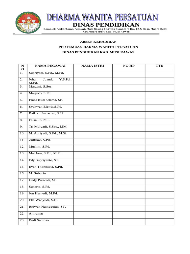 Daftar Hadir DWP Dinas Pendidikan | PDF