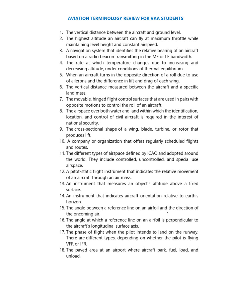 Aviation Terminology Practice For VAA Students | PDF