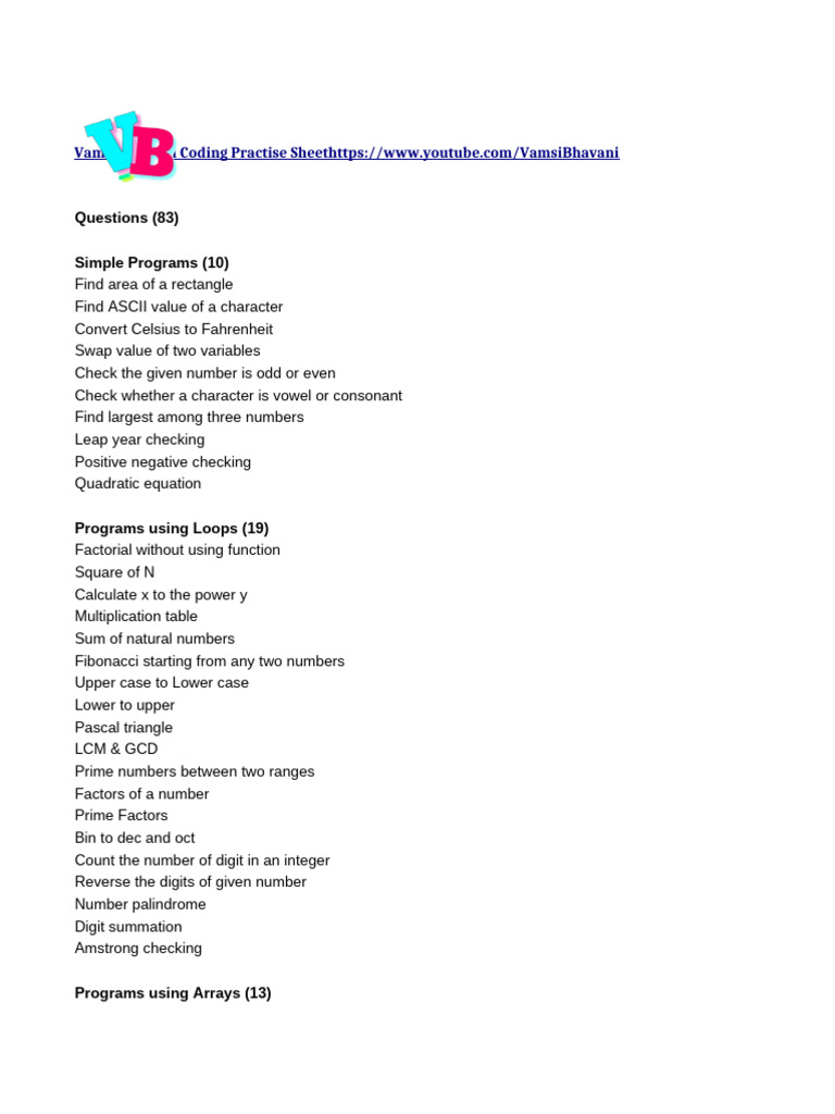 Vamsi Bhavani Practise Sheet | PDF