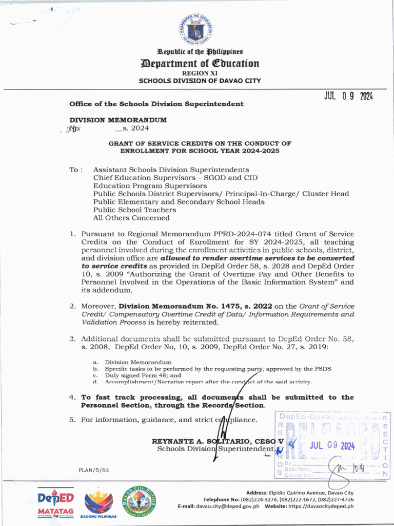 2024 Unnumbered Memo Grant of Service Credits On The Conduct of ...