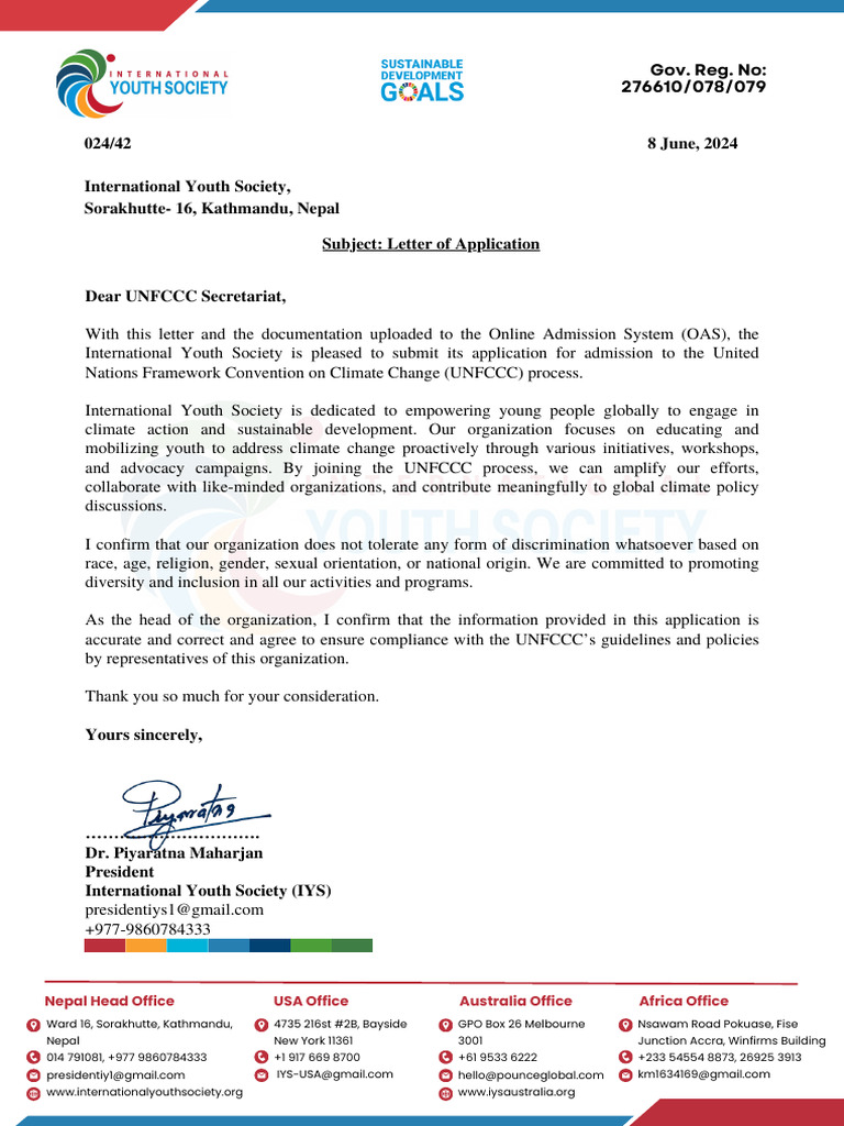 UNFCC Letter of Application | PDF
