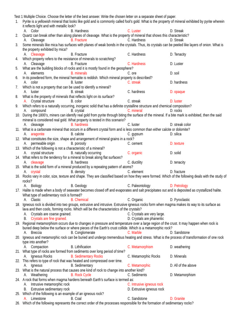 Summative Test Minerals and Rocks | PDF | Rock (Geology) | Sedimentary Rock