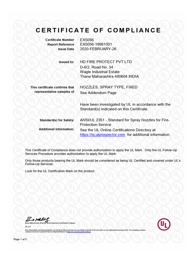 UL Nozzle Certificate | PDF