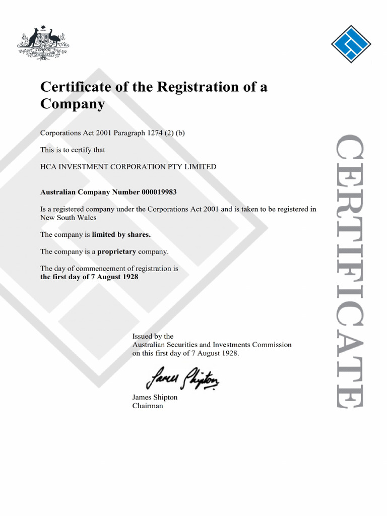 HCA INVESTMENT CORPORATION PTY LIMITED Certificate SCAN | PDF