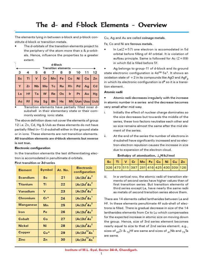 d & f Block Elements (Overview) | PDF