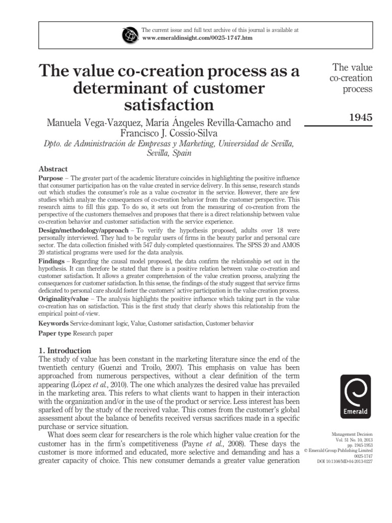 The Value Co-Creation Process As A Determinant of Cutomer Satisfaction | PDF