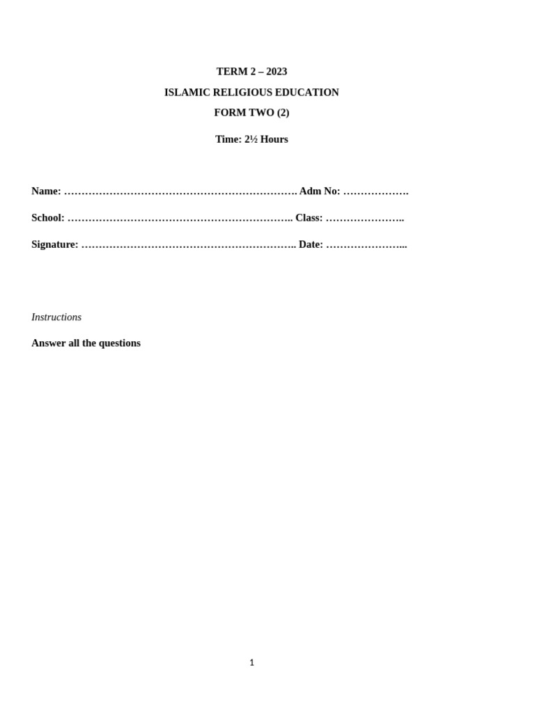 2023-ISLAMIC-RELIGIOUS-EDUCATION-F2-QS-T2-Exam-Teacher.co_.ke_ | PDF