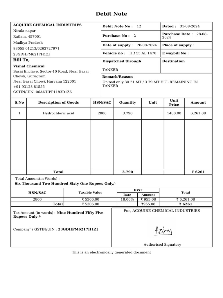 Debit Note Vishal_Chemical | PDF