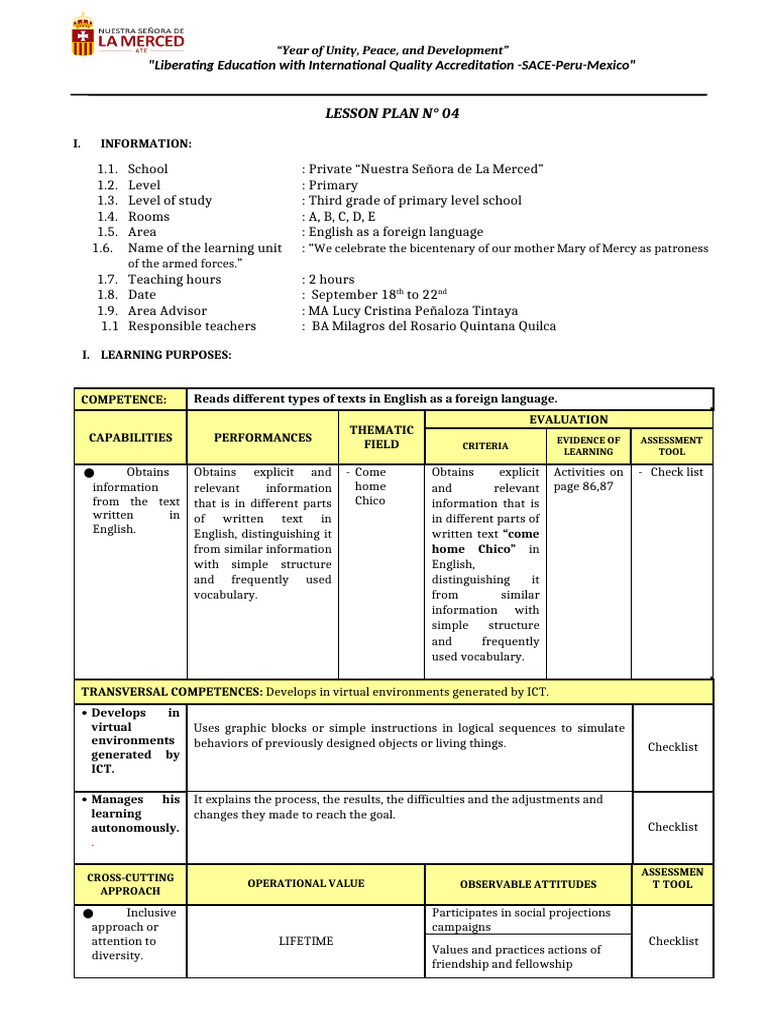 III TERM - LESSON PLAN 4 - UNIT 06 - 3rd GRADE - QUINTANA | PDF