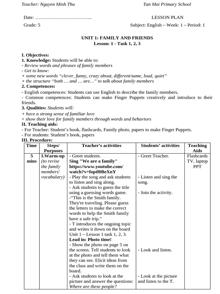 WW5 - 1. Unit 1 - Lesson 1 - Task 1,2,3 | PDF | Vocabulary | Learning