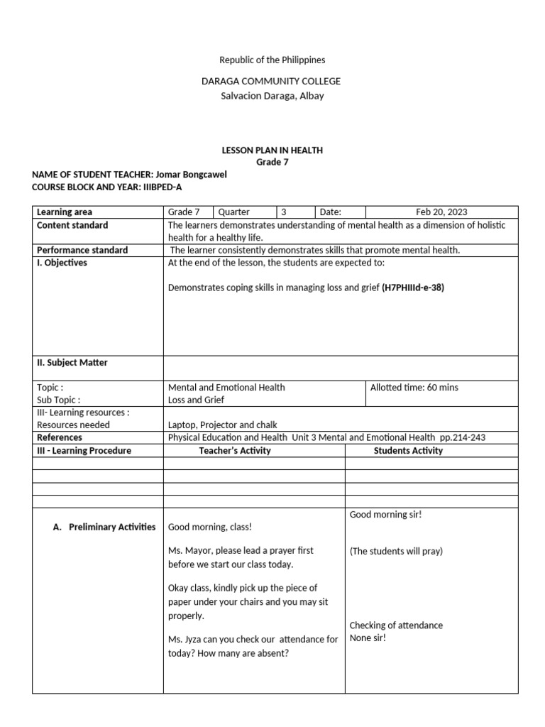 Detailed Lesson Plan in Health Complete | PDF