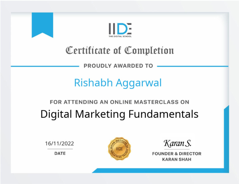 Digital Marketing Fundamentals MasterClass Certificate - IIDE | PDF | Finance & Money Management