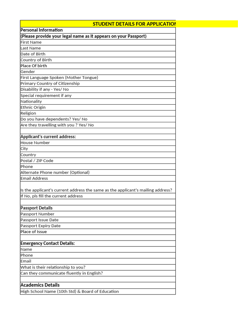 Student Informartion - Cover Sheet - XLSX New | PDF