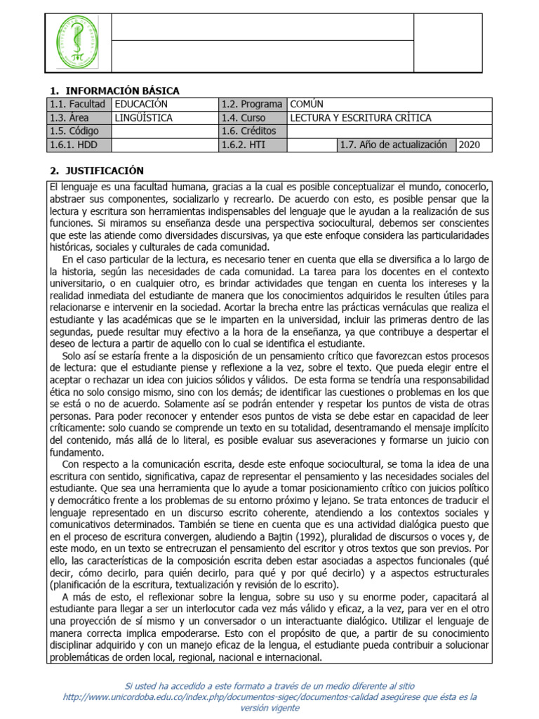FDOC-Plan de Curso de Lectura y Escritura Crítica | PDF | Pensamiento ...