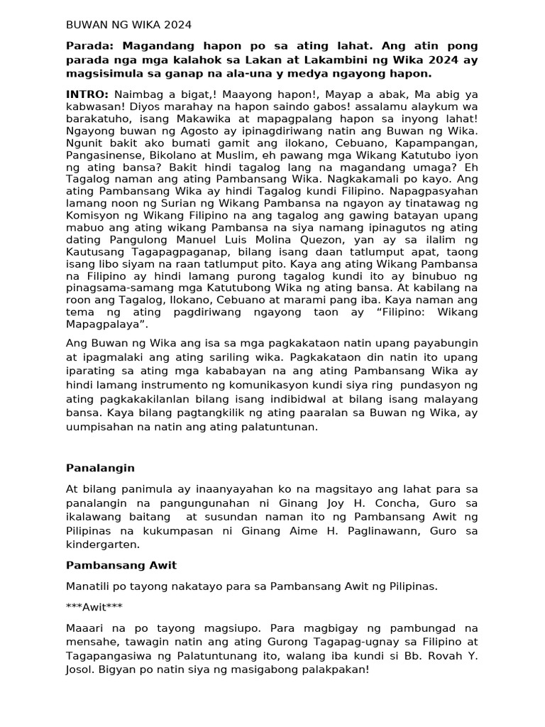 SCRIPT SA BUWAN NG WIKA PALATUNTUNAN 2024 | PDF