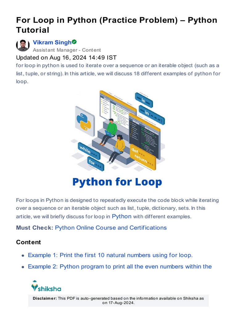 For Loop in Python (Practice Problem) - Python Tutorial: Vikram Singh | PDF